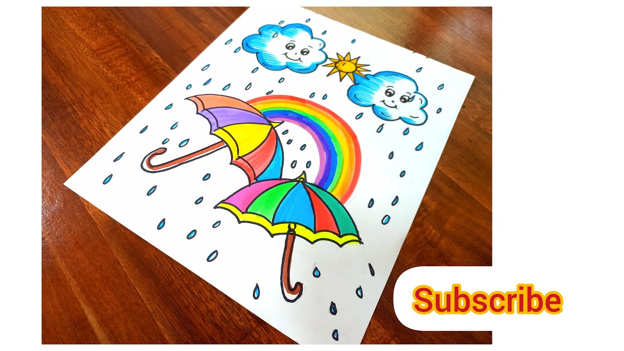 Rainbow 🌈 drawing | Cloud drawing | Umbrella drawing | Rainy season ...