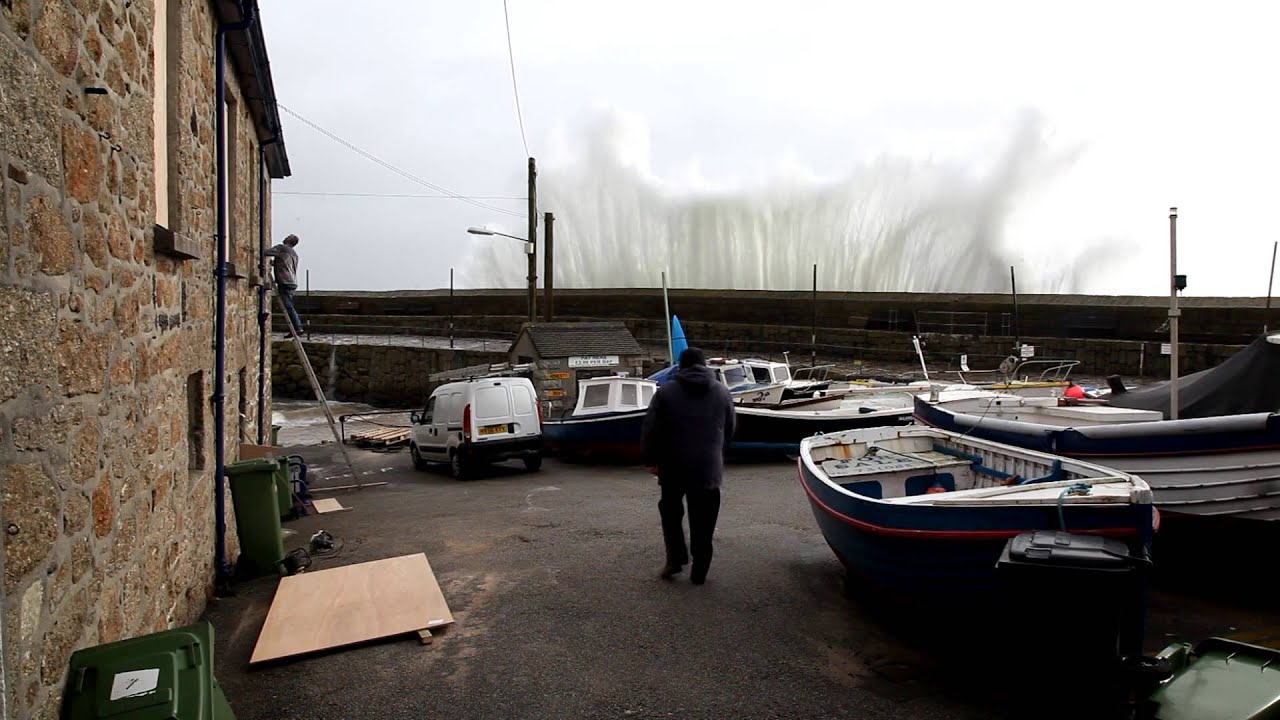 Huge Wave Crashes Over Harbour Wall Cornwall - YouTube