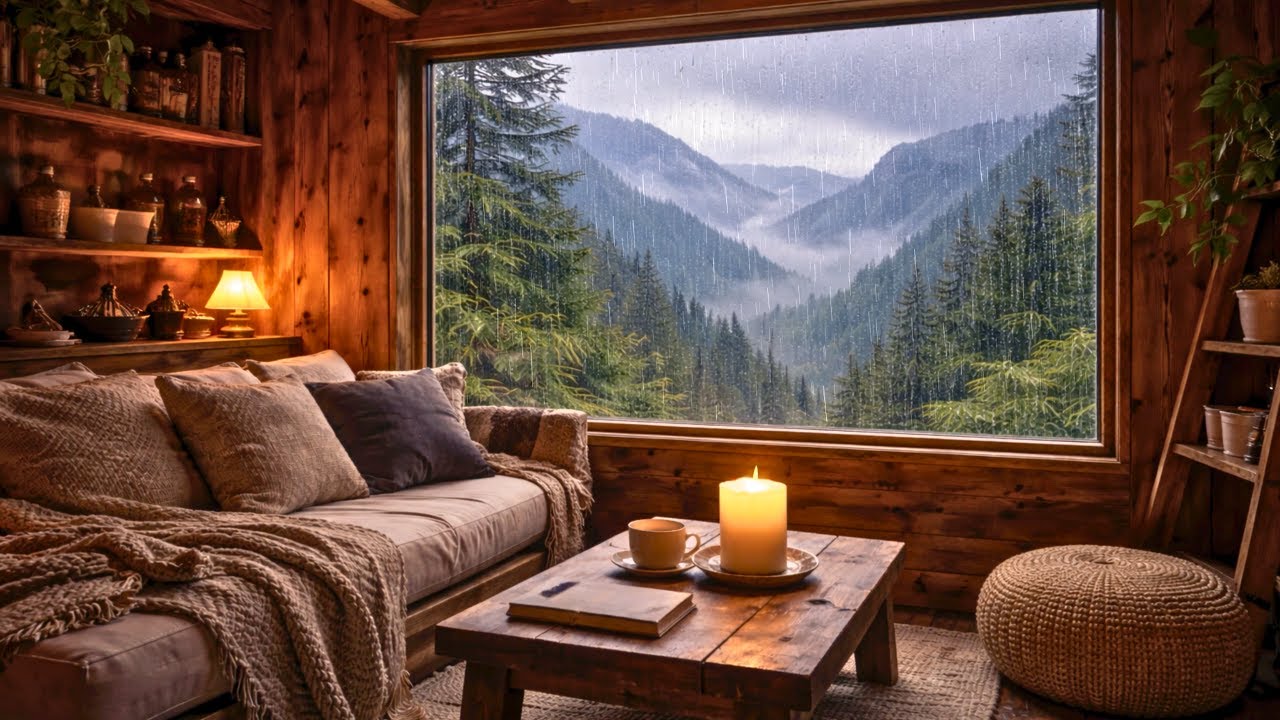 Rainy Treehouse Living Room Ambience | Cozy Seating, Mountain Rain ...