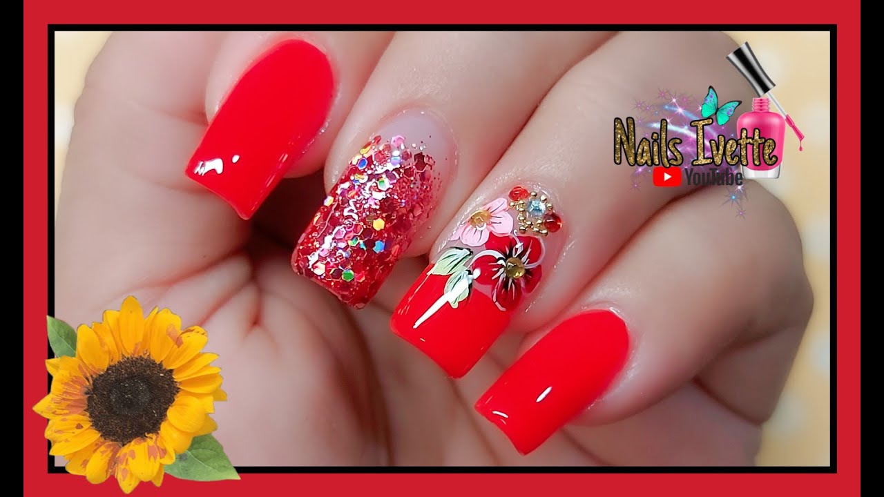 Diseño de Uñas en rojo con flores / Decoración de uñas en tono rojo con ...