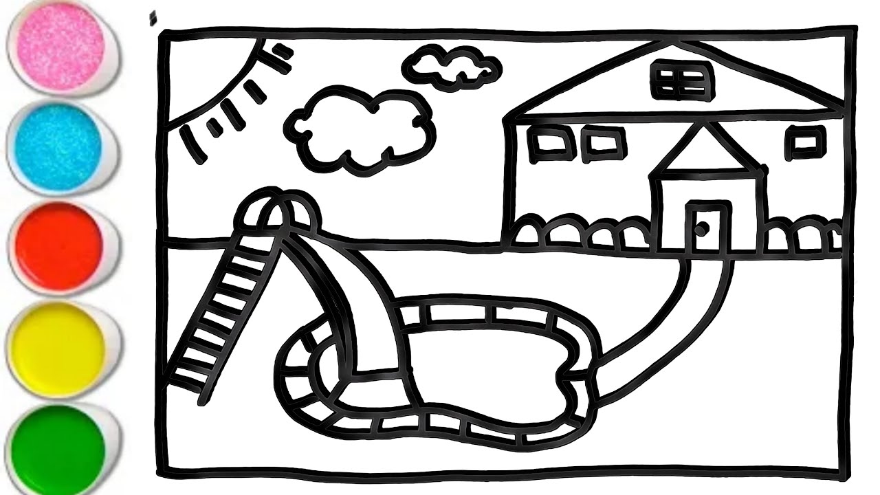 House with Pool Drawing, Painting and Coloring for Kids, Toddlers | How ...