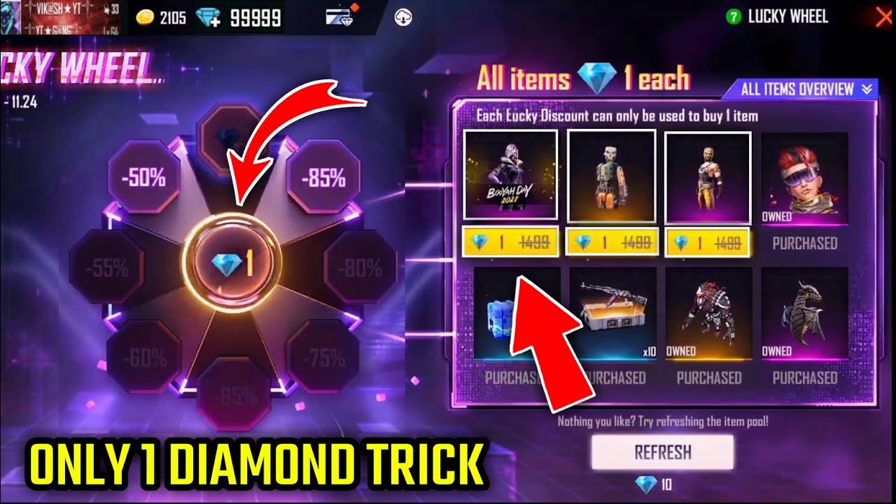 FREE FIRE LUCKY WHEEL EVENT || LUCKY WHEEL EVENT 1 DIAMOND SPIN TRICK ...