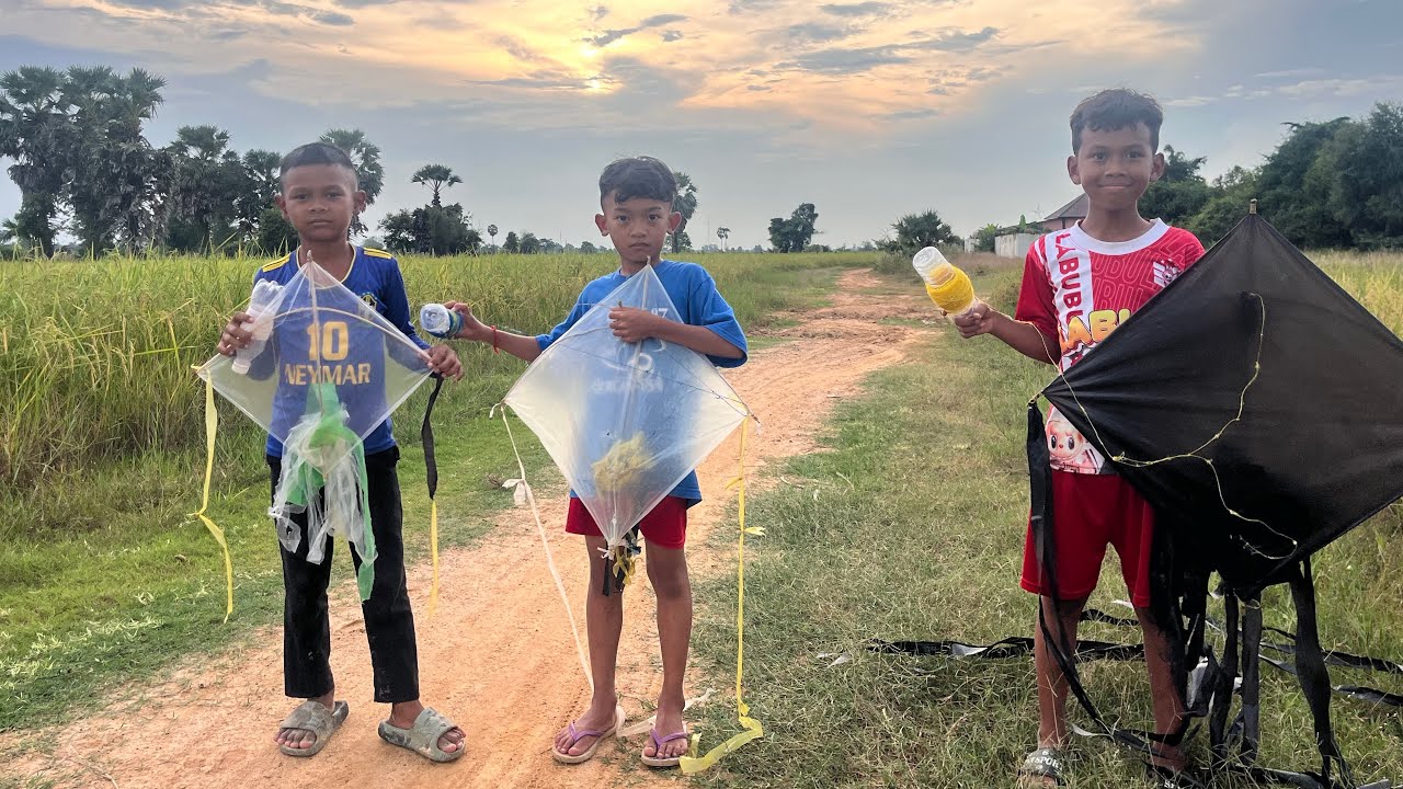 Three brothers flying kites and makes challenge including beautiful ...