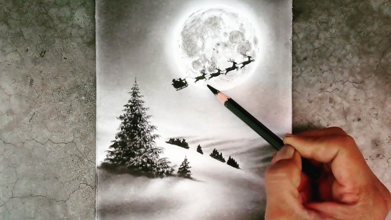 Night mode moonlight christmas landscape drawing with pencil ! Santa ...