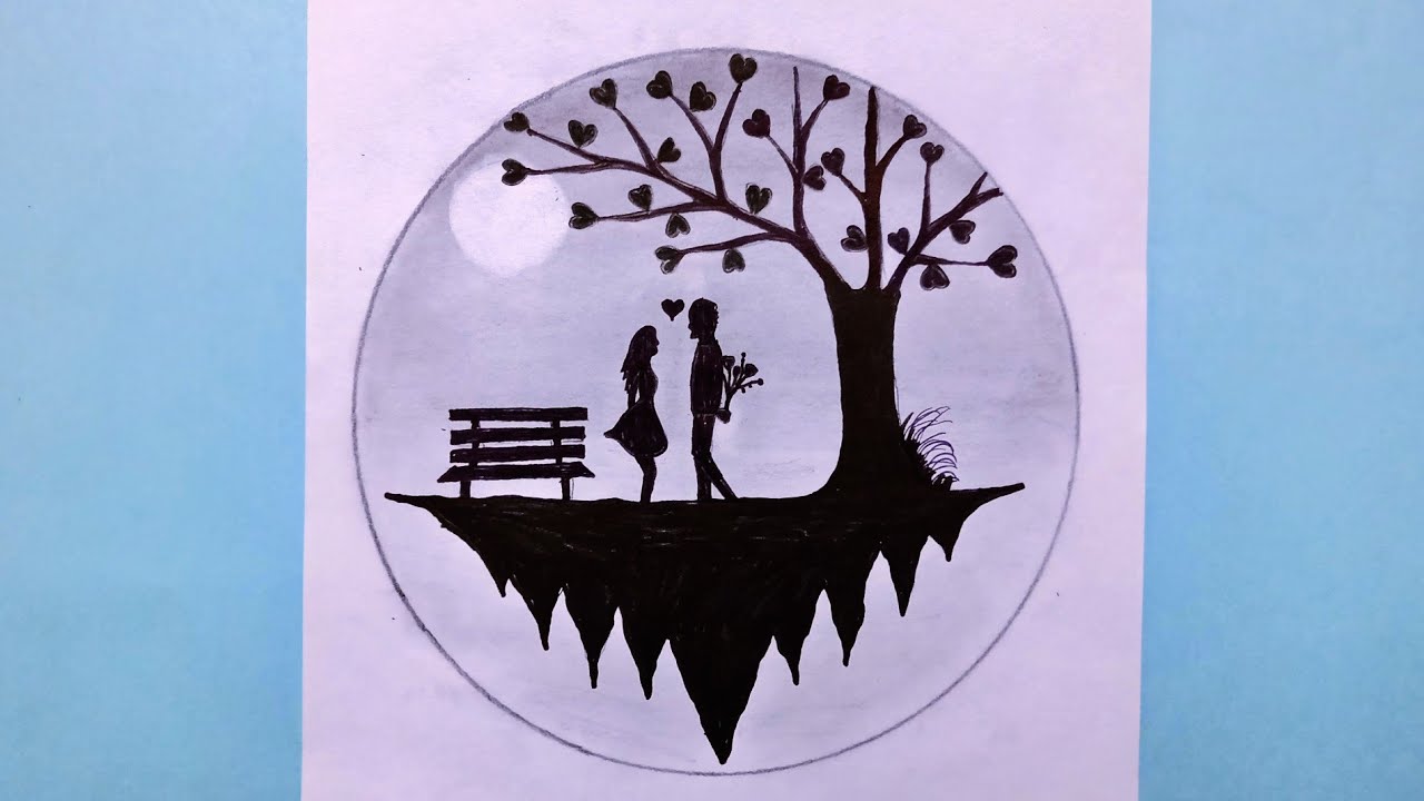 How to draw a Romantic couple under love tree// Valentine's day drawing ...