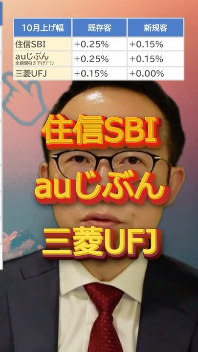 【備忘録】住信au三菱UFJは既存客の金利を上げつつ新規を低金利で獲得する方針をとった #住宅ローン金利 #住信sbiネット銀行 #auじぶん銀行 #三菱ufj銀行 - YouTube