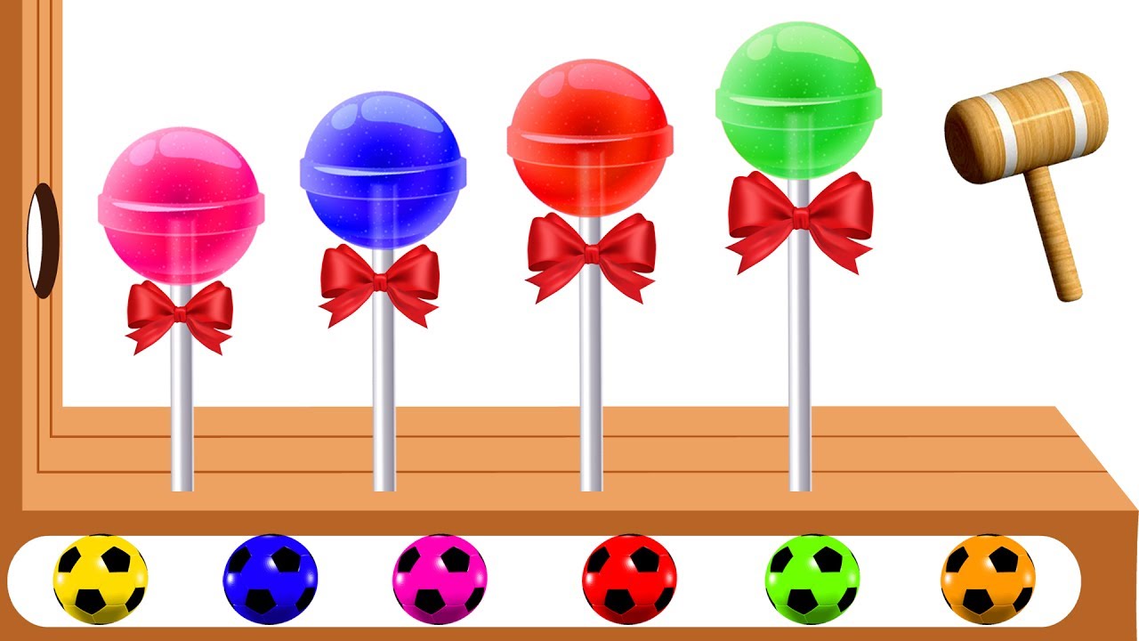 Learn colors With Lollipops Soccer balls Xylophone Wooden Face Hammer ...