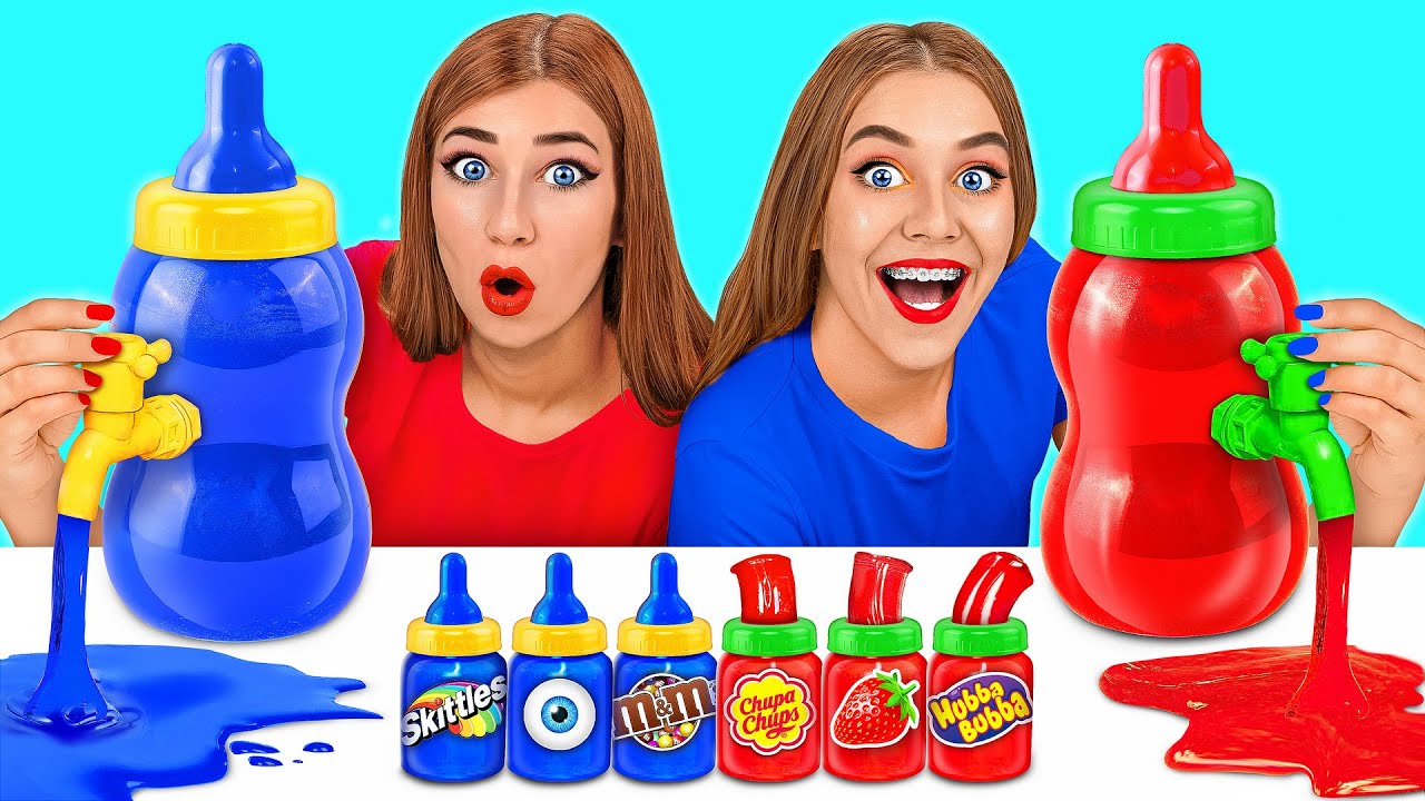 Desafío De Rojo vs. Azul #4 | Comemos todo de un solo color durante 24 ...