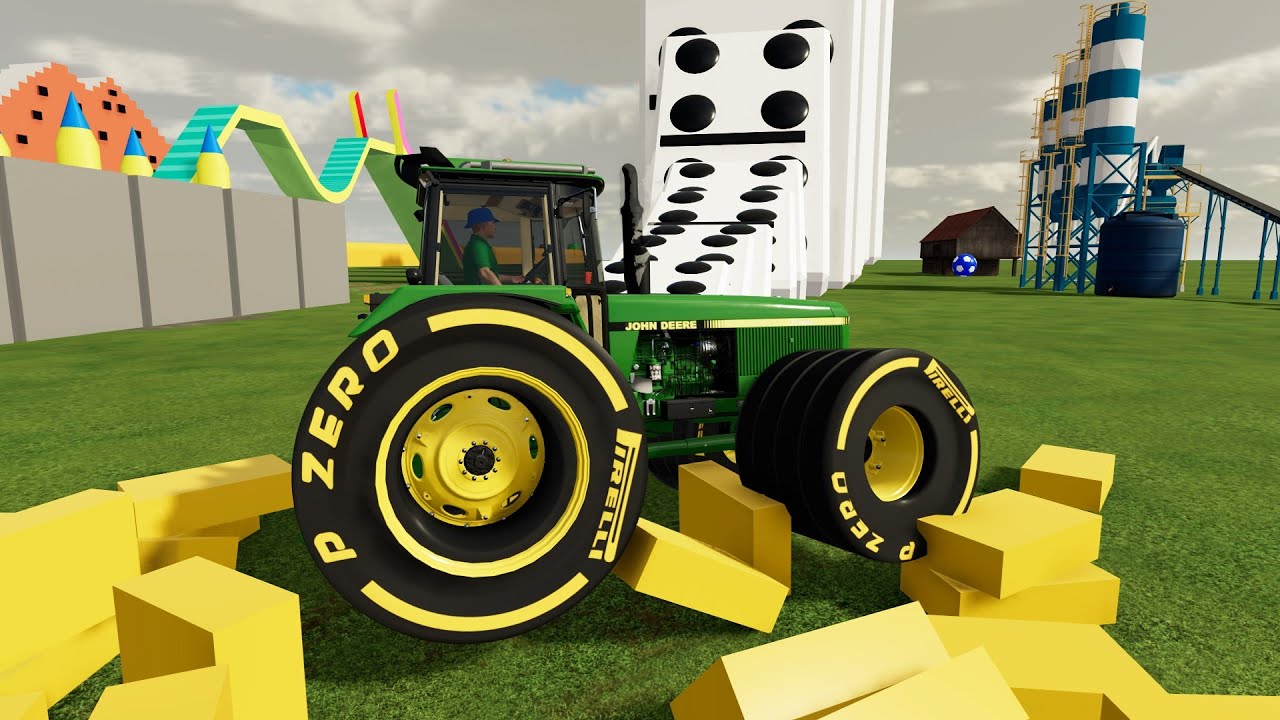 Tractor vs Colorful Brick Walls and Giant Dominoes | Obstacle Course ...