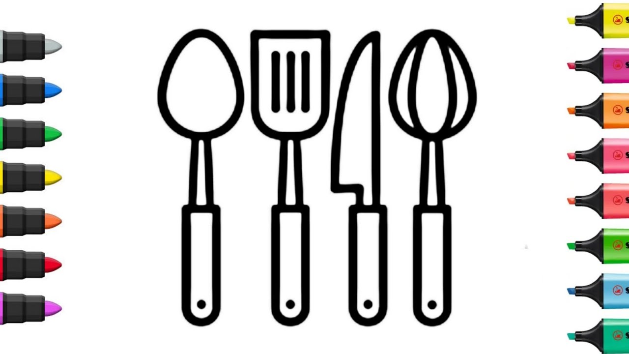 How To Draw and Color Cutlery for Kids | Knife Spoon with Coloring ...