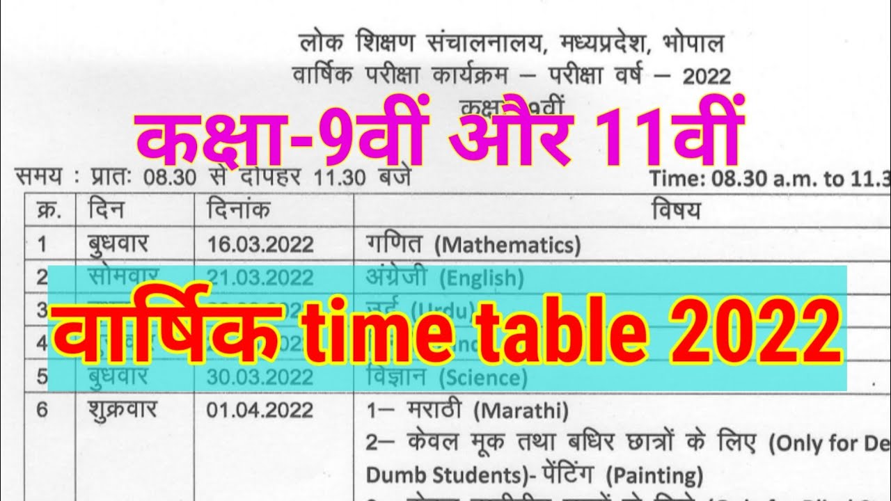 MP Board Class 9th 11th Time Table 2022 class 11th Board Exam Time mp-board-class-9th-11th-time-table-2022-class-11th-board-exam-time