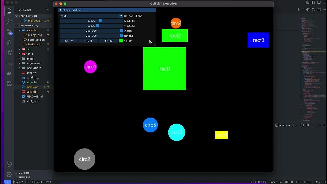[DEMO] cpp programming course, SFML + ImGUI library w/collision detection - YouTube
