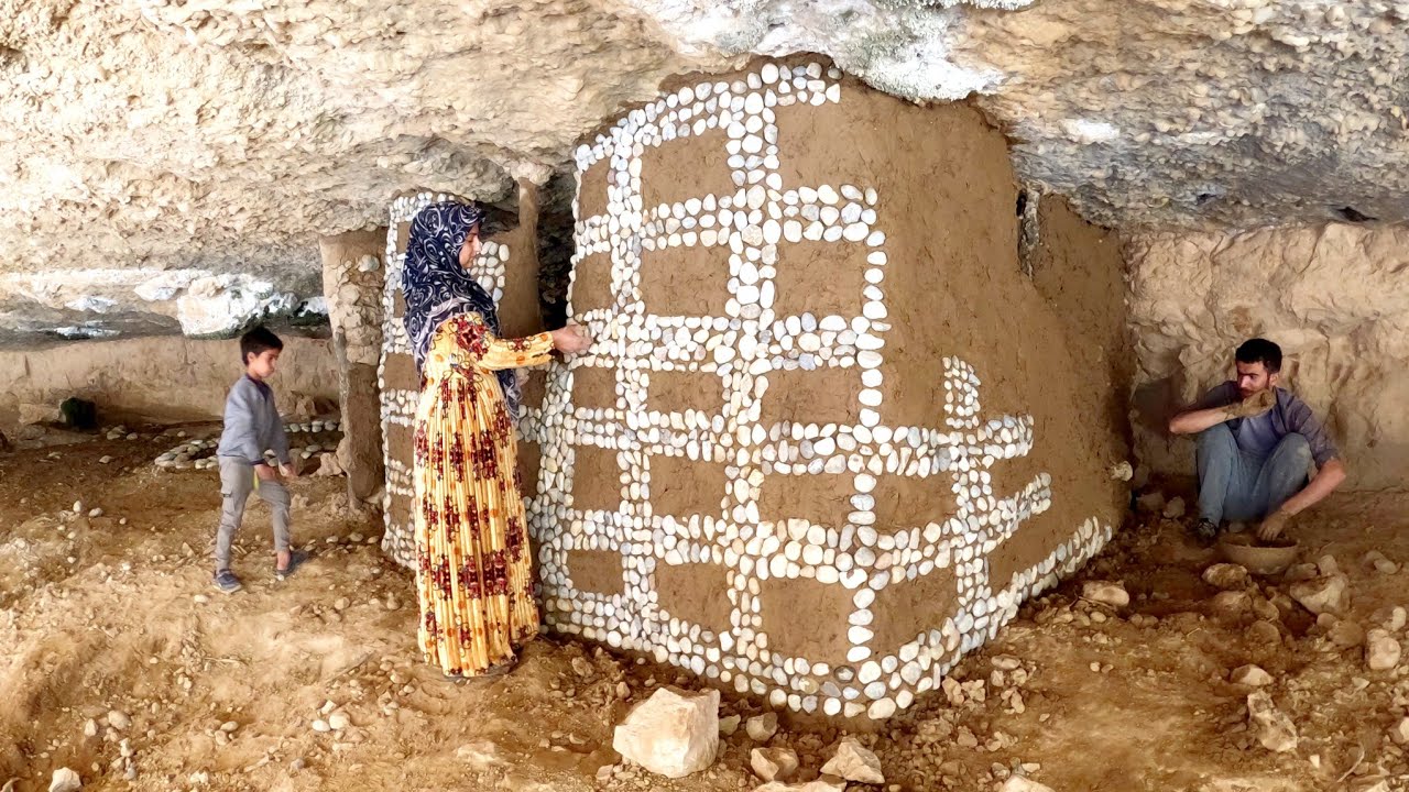Nomadic life in a big cave in the mountains and making a hut - YouTube