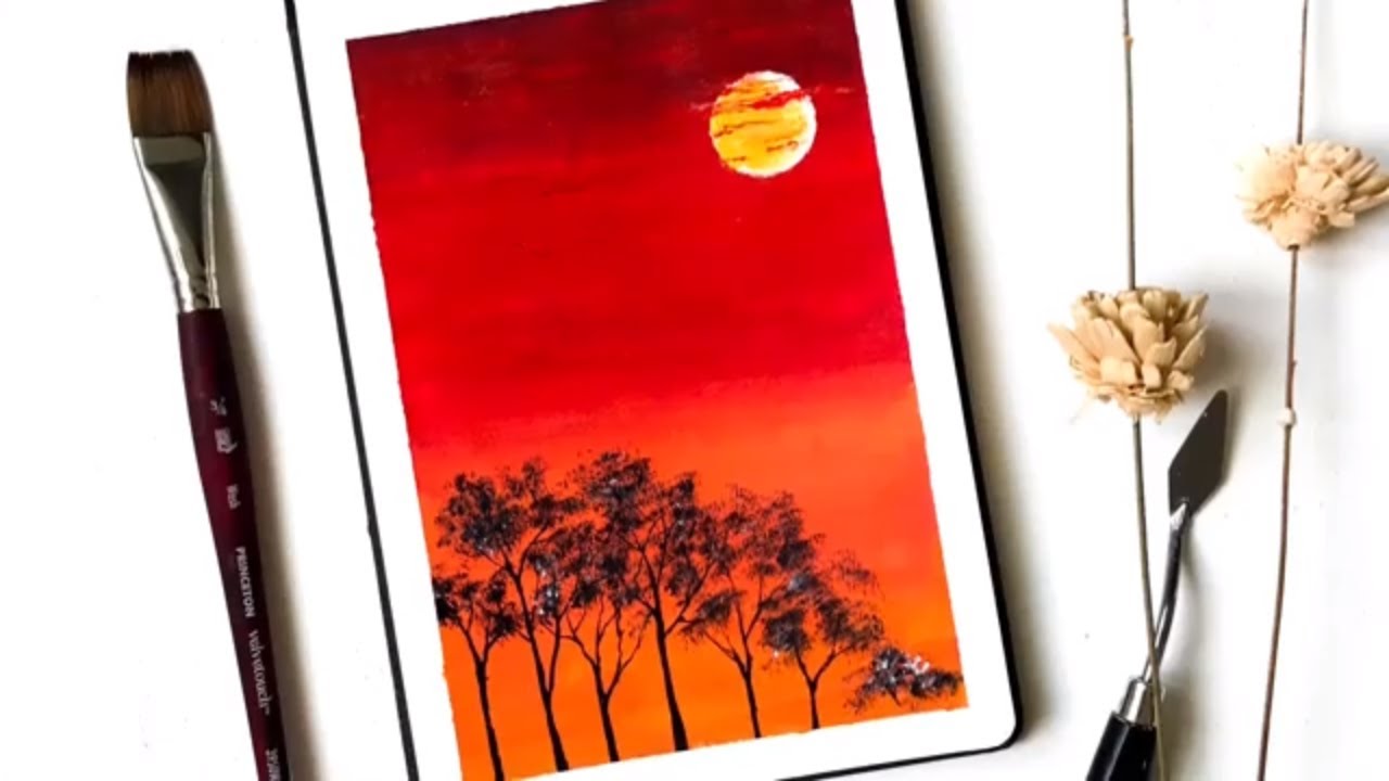 Trees in sunset / Acrylic / Beginners tutorial / Simple painting - YouTube