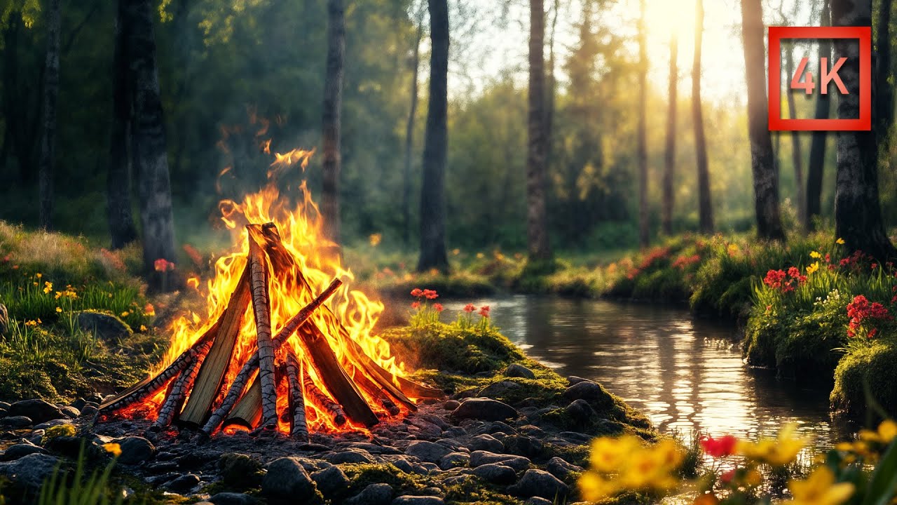 4K CAMPFIRE 🛑 12-Hour Spring Riverside Ambience – Calm Nature Sounds ...
