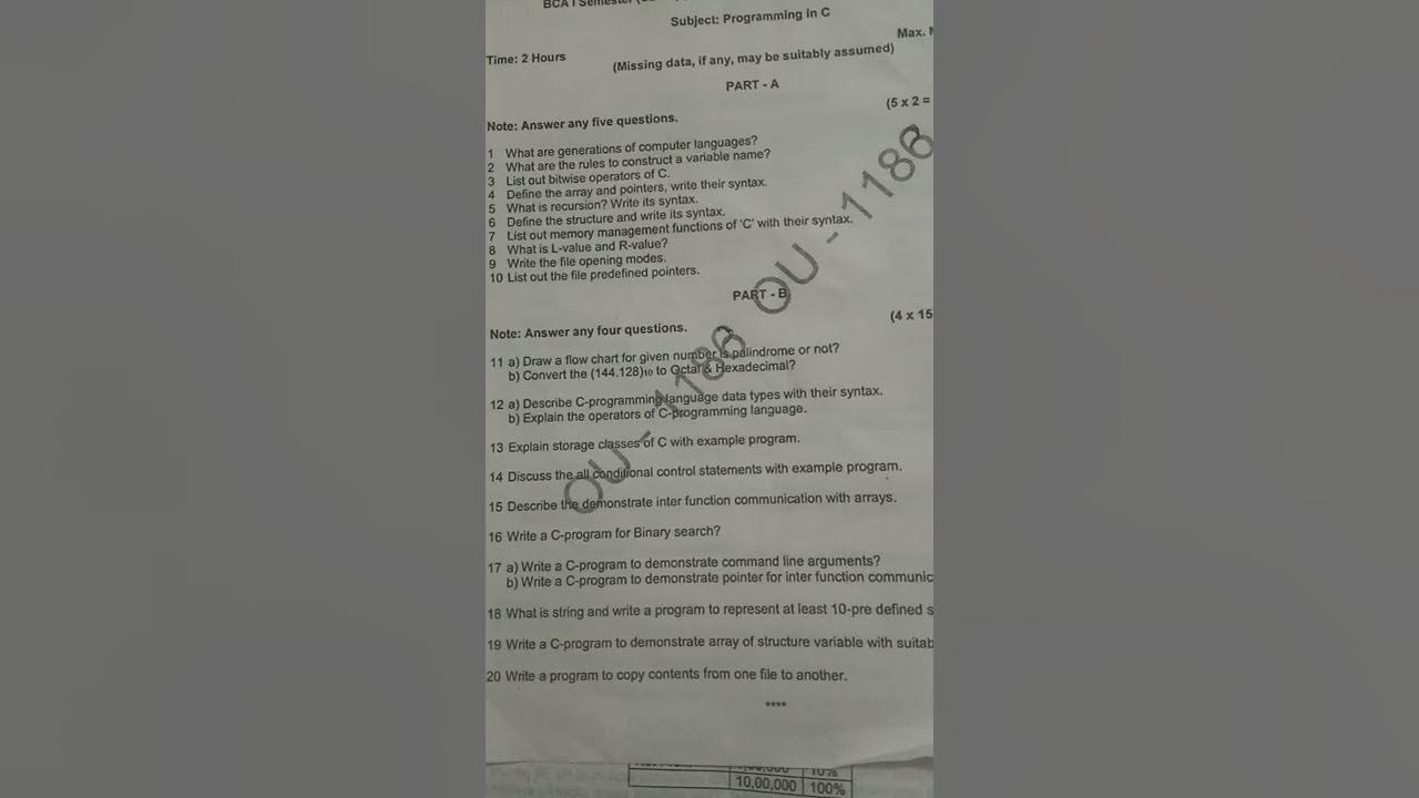 programming in C previous question paper bca 1 sem ou - YouTube
