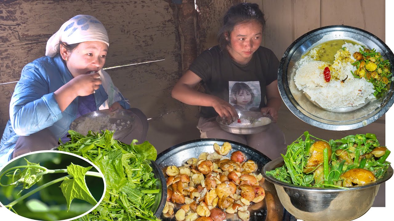 Squash Leaves & Potato recipe with rice cooking and Eating in Village ...