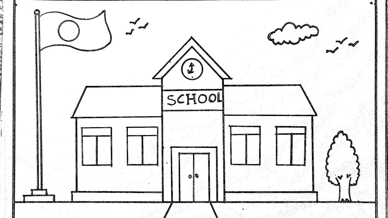 Easy School Scenery drawing 🏫 My School Art 🚸 Draw a School step by ...