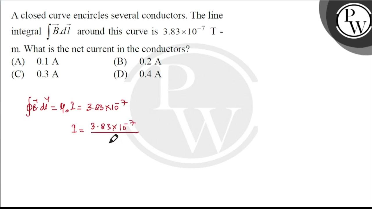 A closed curve encircles several conductors. The line integral \( \int \vec{B} \cdot d \vec{l ...
