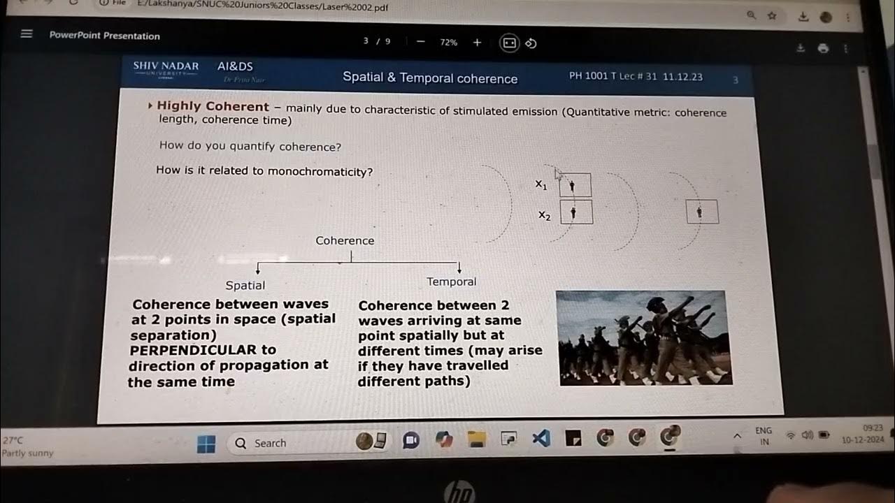Lasers 05 • Properties of Lasers - Coherence • Spatial and Temporal Coherence • Coherence time ...
