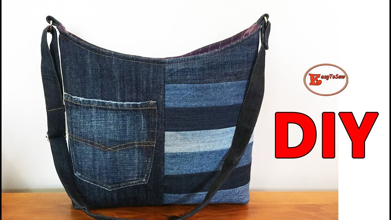 DIY DENIM SCRAPS PATCHWORK CROSSBODY TOTE BAG SEWING TUTORIAL | DENIM ...