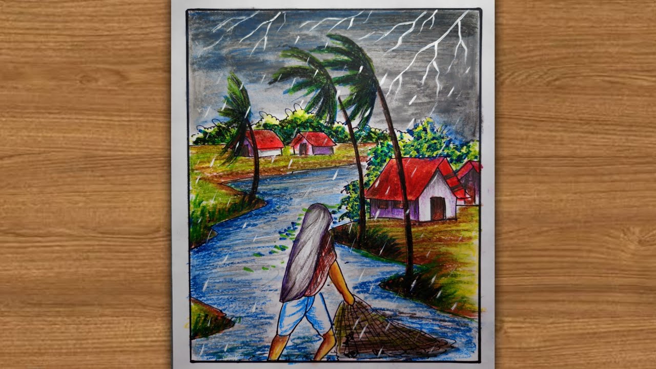 Rainy season drawing with pastail colour ll Easy village scenery ...