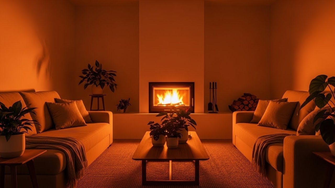Warm Cozy Living Room Fireplace • Peaceful Night Rain Ambience for ...