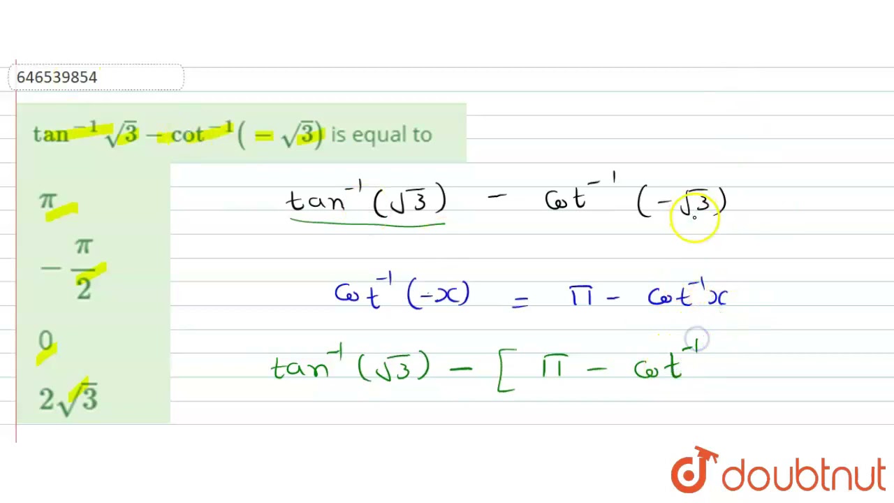  tan 1 sqrt 3 cot 1 sqrt 3 Is Equal To Class 12 MATH