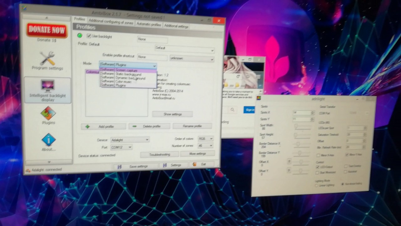 Two Arduinos + WS2812B + Dual Screen Adrilight + Adalight + AmbiBox ...