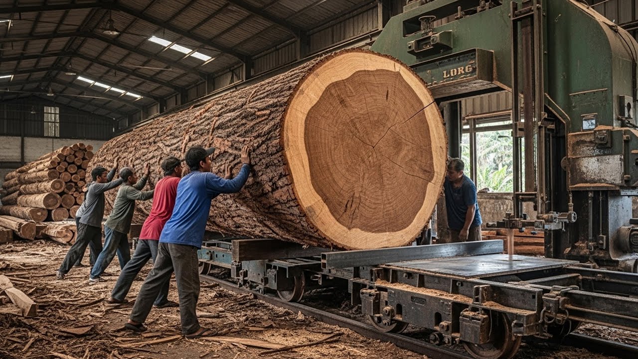 Massive Teak Wood Breakdown: Vertical Bandsaw Precision Cut - YouTube