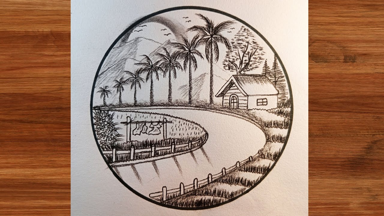 How to draw perspective view scenery with mountains step by step ...