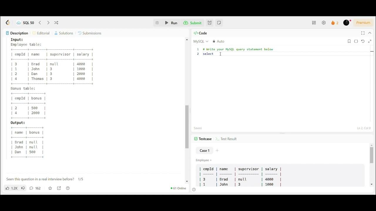 577. Employee Bonus SQL Schema Pandas Schema SQL Query Practice Question On LeetCode #coding # ...