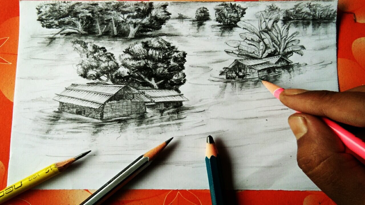 Assam Flood//How to draw a flood scenery easy steps by step//दैबानानि ...