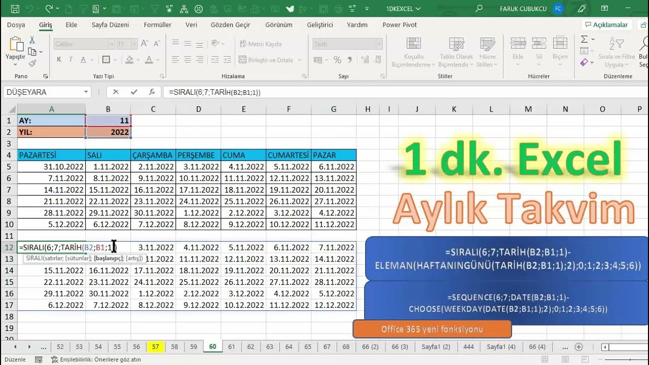 Excel 1 Dakika - Aylık Takvim Oluşturma - YouTube