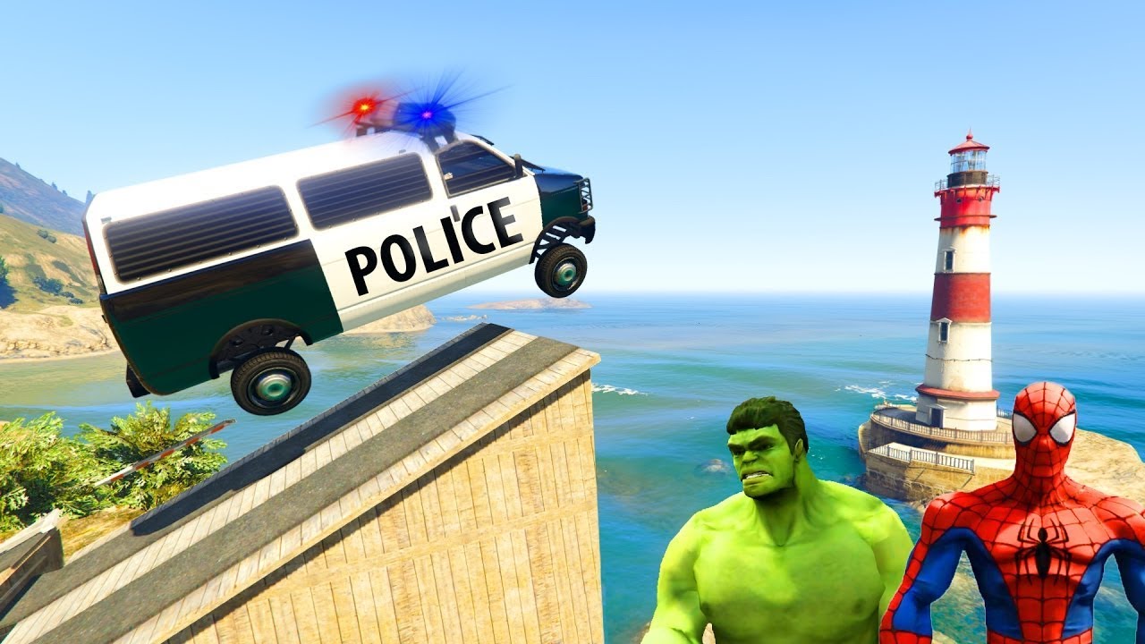 P2 COLOR POLICE CARS and Emergency cars Jumping from cliff! Superheroes ...