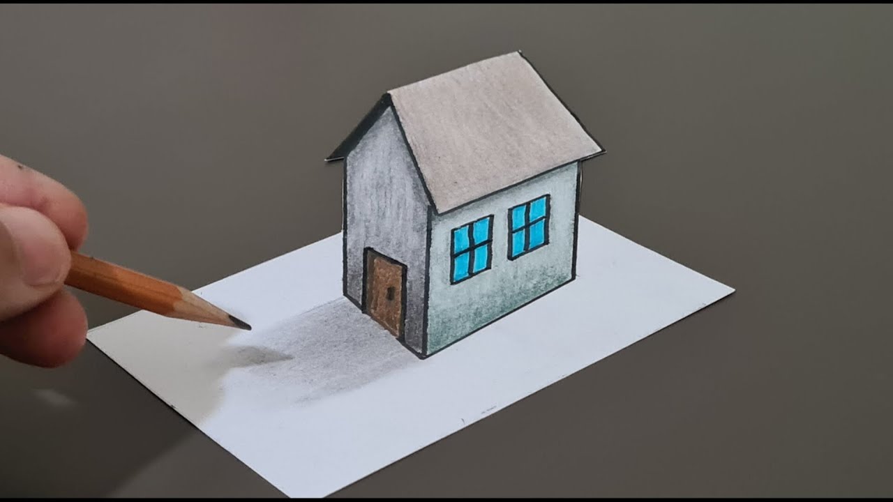 3d drawing the cottage on paper for beginner step by step - YouTube