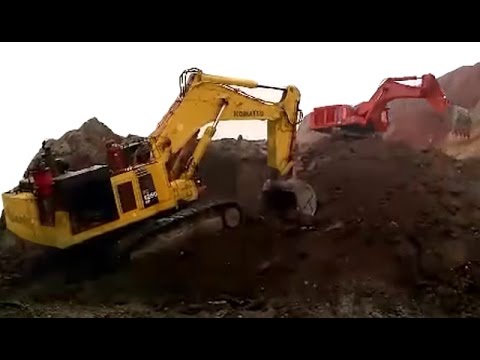 Big Excavator Komatsu PC1250 Hitachi EX1200 Climbing Slope - YouTube