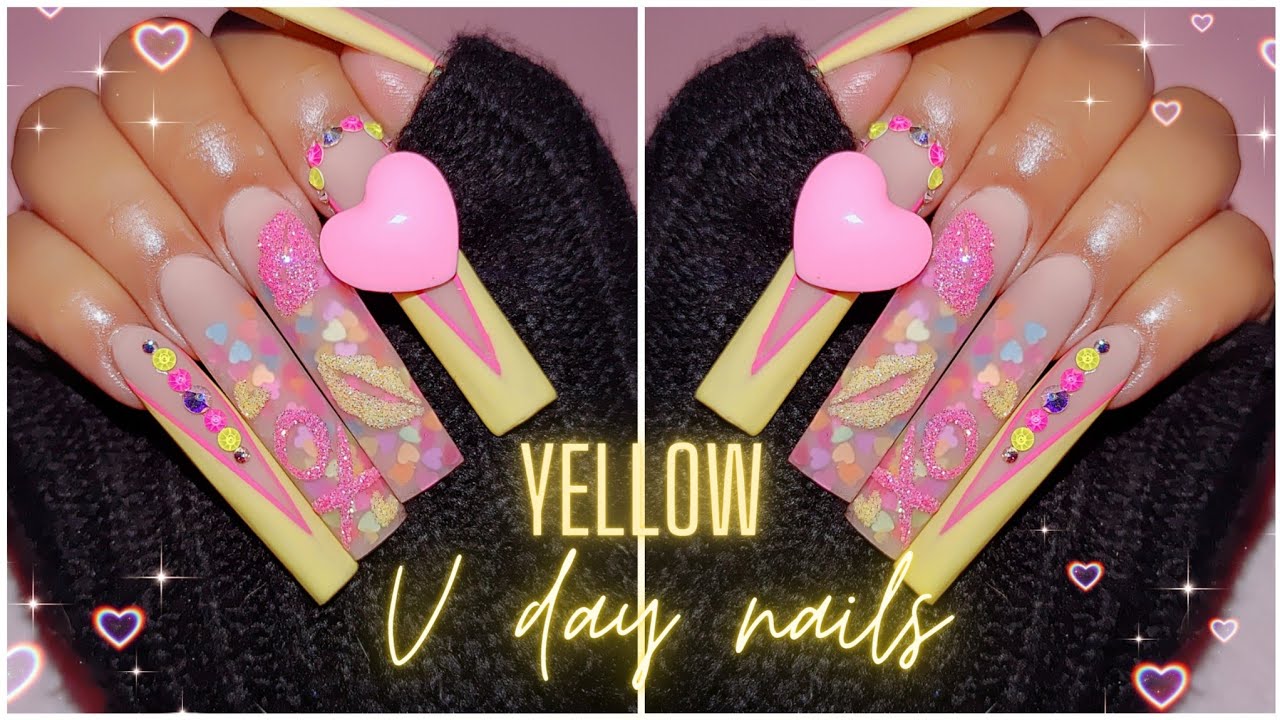 YELLOW VDAY ACRYLIC NAILS/ NAILS FOR BEGINNERS/ACRYLIC NAILS TUTORIAL ...
