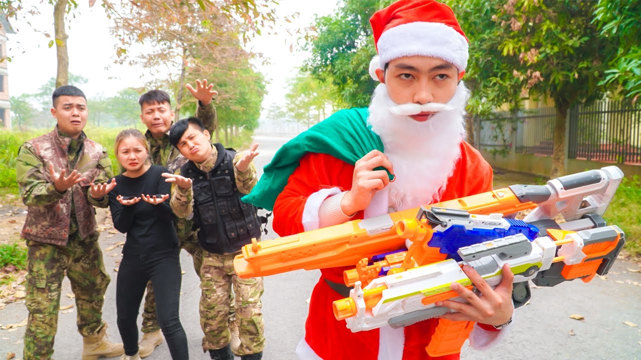 Pretty Girl Nerf War: Santa Claus Nerf Guns Robber Group Regain Gift ...