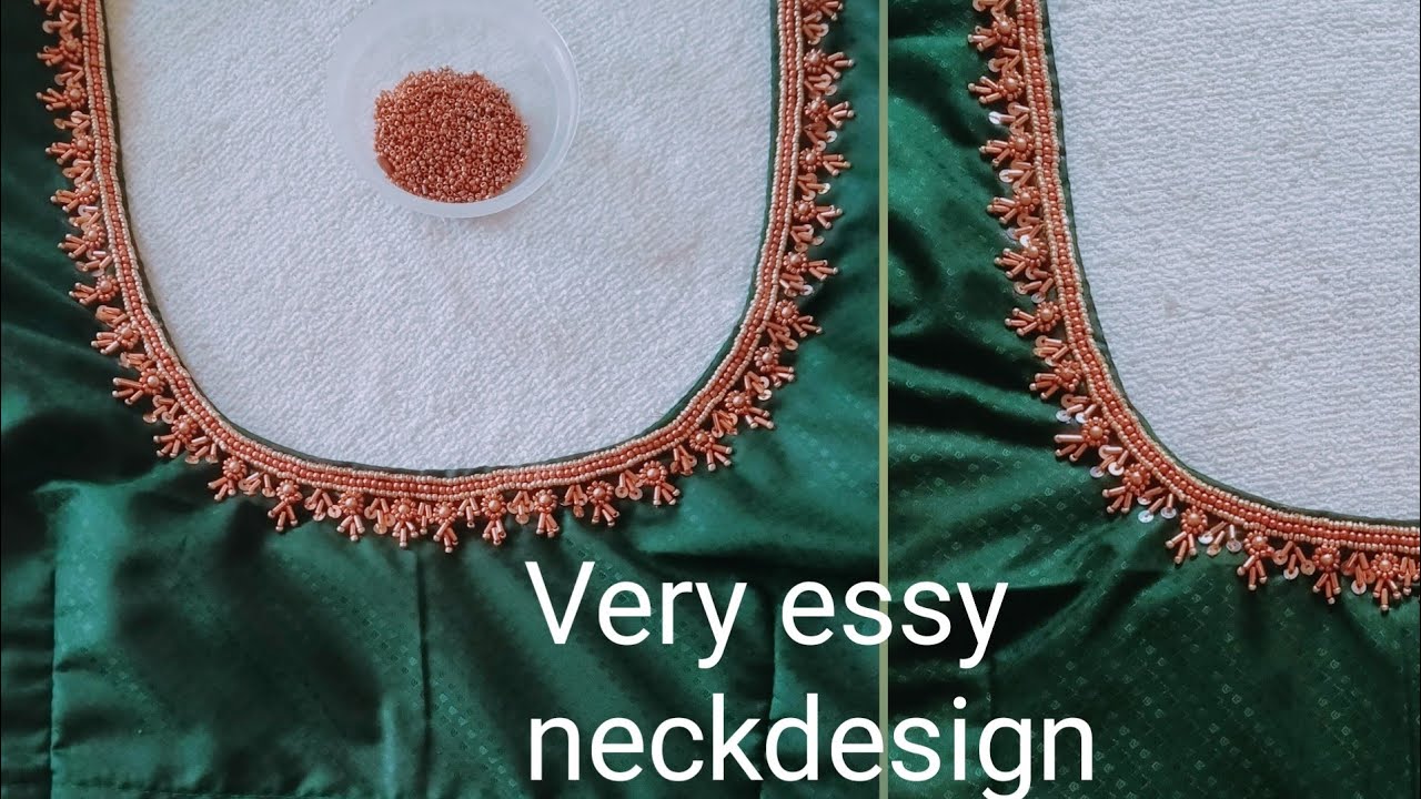 Hand embroidery neck design for blouse, beads and sequence work - YouTube