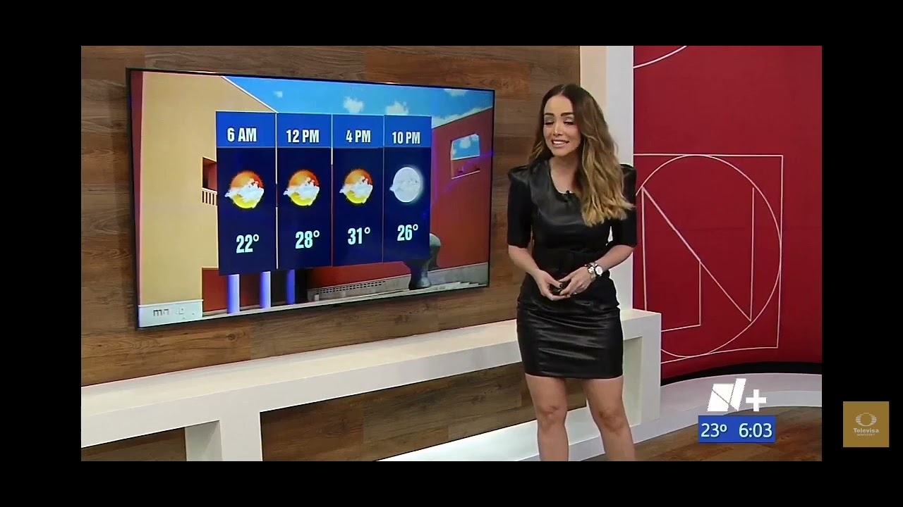 Sexy Weather Lady in a Black Leather Mini Dress - YouTube