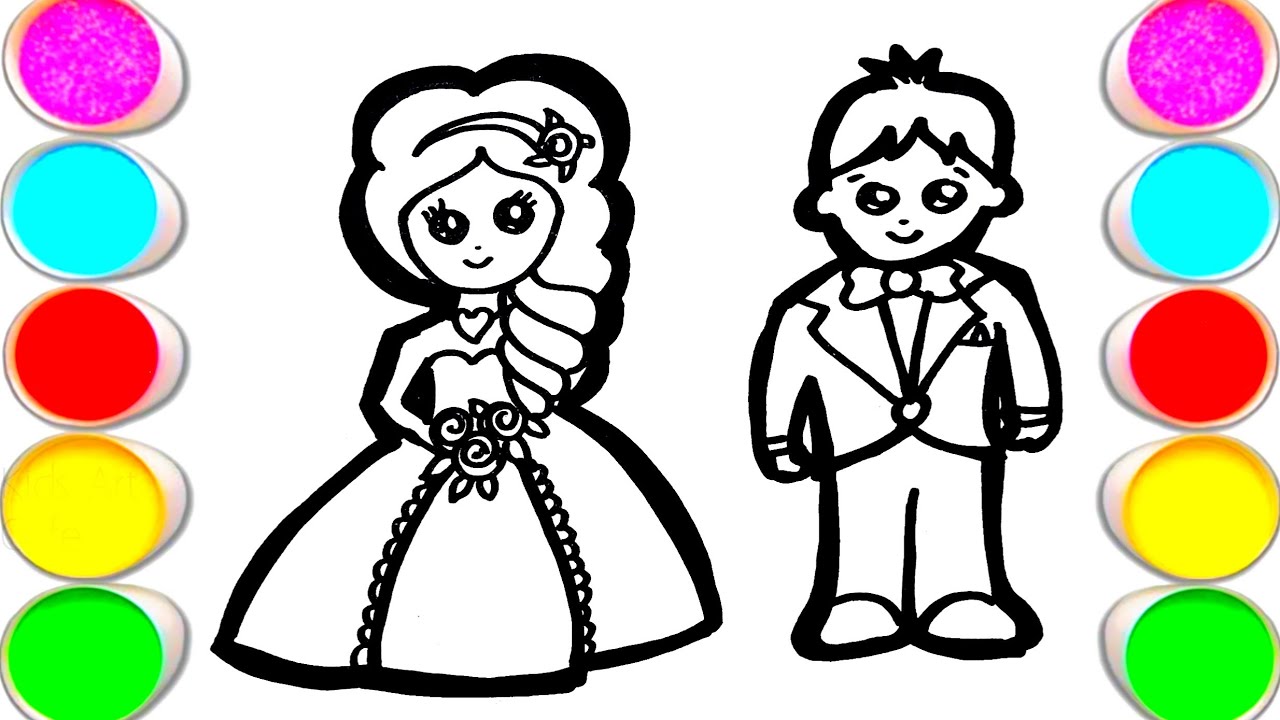 Cute Bride & Groom Drawing Painting & Colouring for kids Toddlers ...