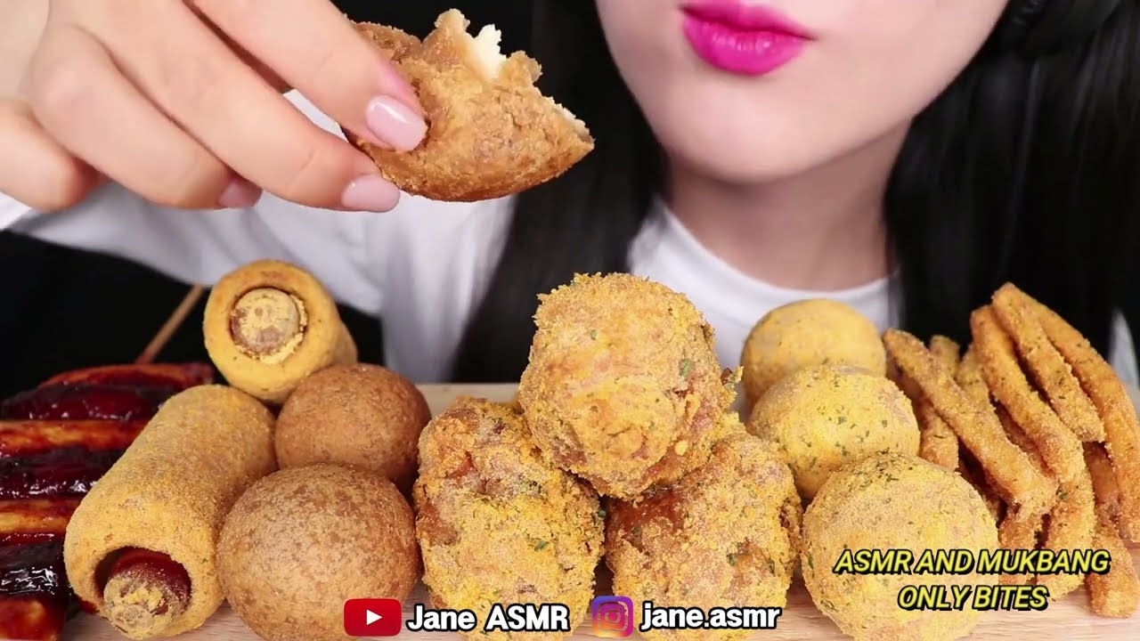 Jane ASMR - FRIED CHICKEN, CHEESE BALL, FRIES, HOT DOGS *ONLY BITES ...