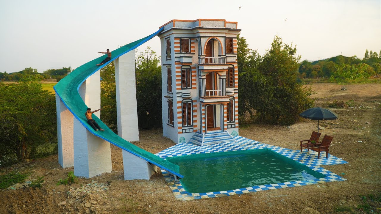 Building A Mud Resort House And Water Slide, Sky Bridge With A Pool ...
