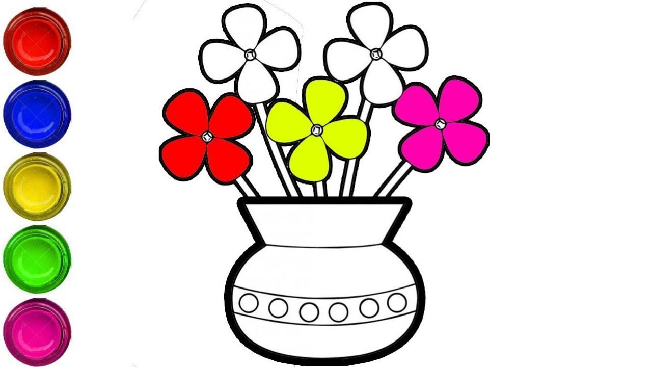 Flower pot Drawing Easy with Water Color Painting for Kids & Toddlers ...