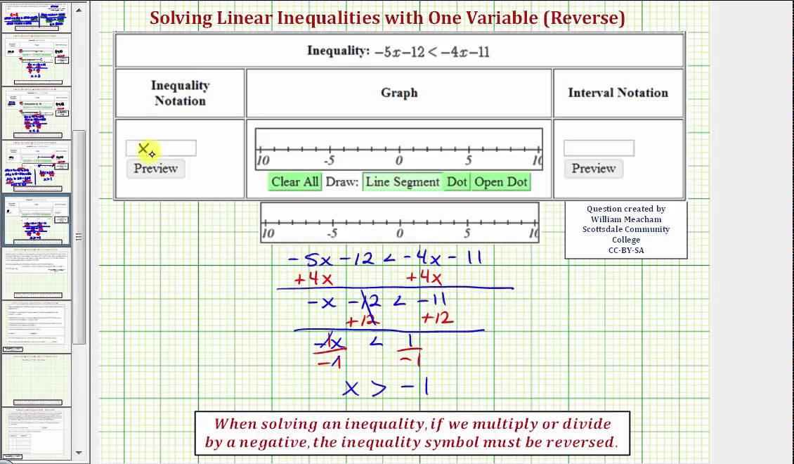 Ex: Solve a Linear Inequality in One Variable (ax+b less than cx+d ...