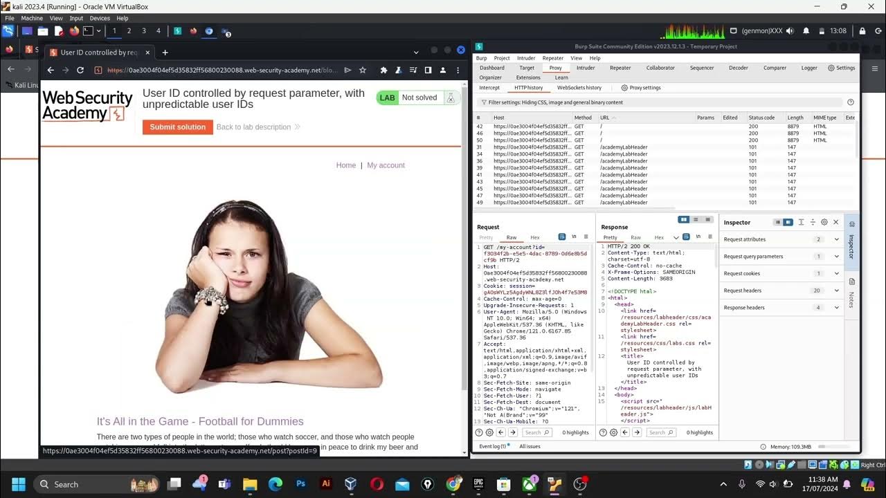 Portswigger Lab:User ID controlled by request parameter, with unpredictable IDs - YouTube