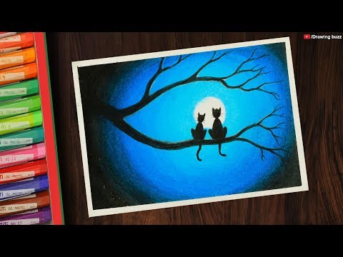 Easy Cat Moonlight scenery drawing with Oil Pastels - step by step | Drawing Buzz