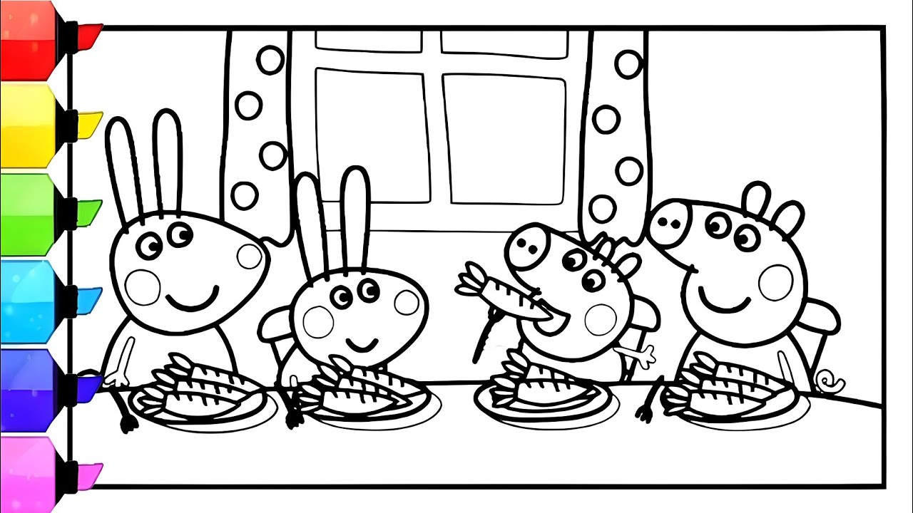 Coloring Peppa & Friends Eating Lunch Togethers | Peppa Pig Drawing ...