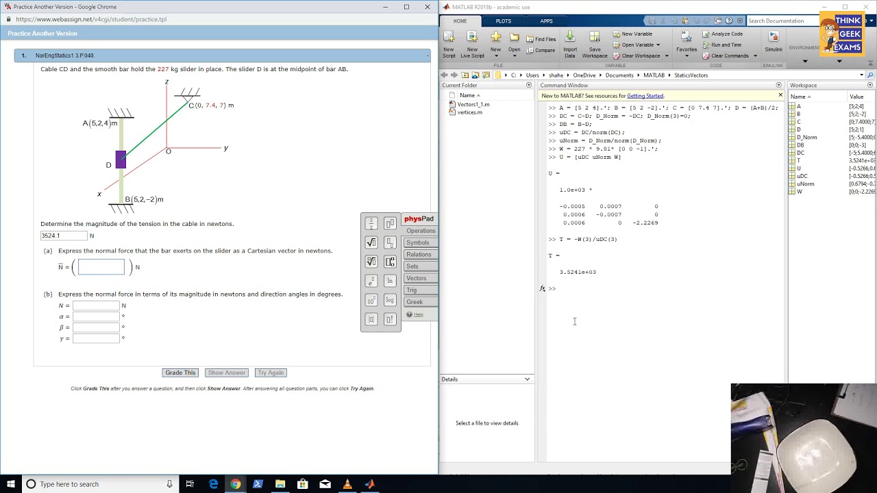 Statics HW 05.2: 3D Slider on Smooth Rod, Freebody. Matlab - YouTube